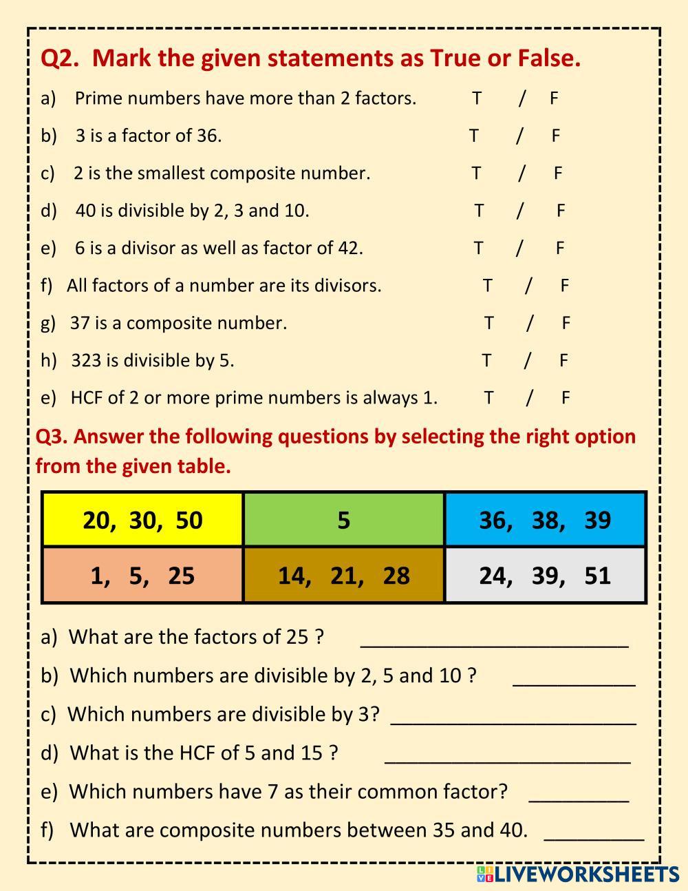 factors of a nu… | Free Interactive Worksheets | 7124103