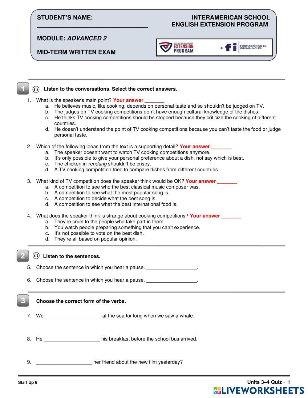 MID-TERM ADVANCED 2 | Live Worksheets