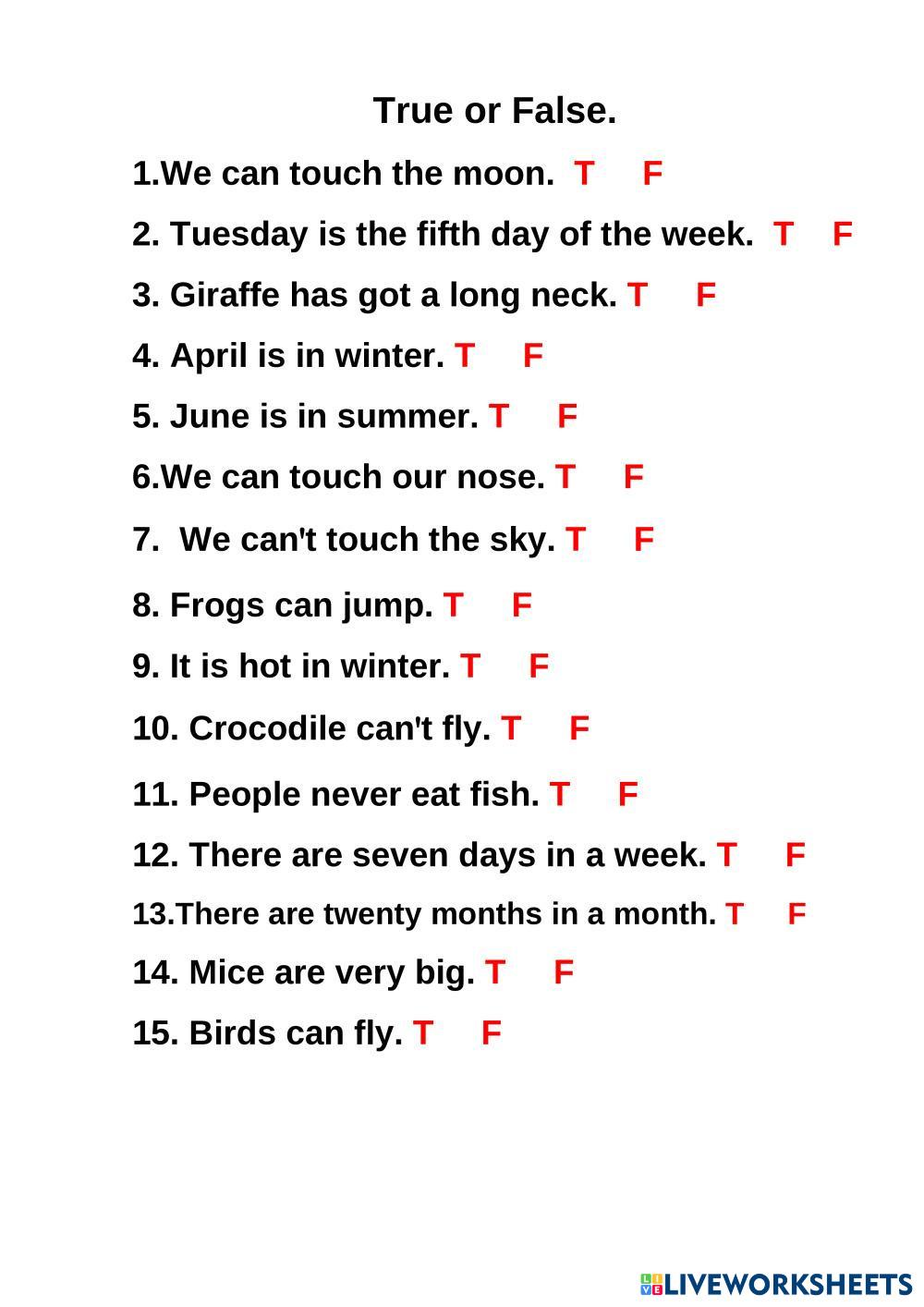 True or False | Live Worksheets
