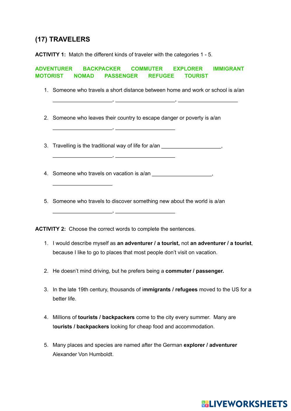 travelers | Free Interactive Worksheets | 7125976