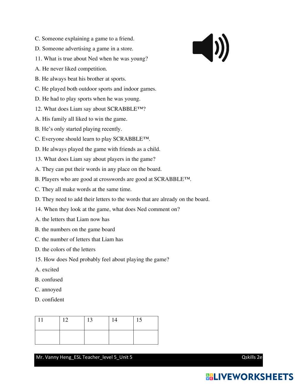 Qskill 2e Listening quiz Unit 5 | Live Worksheets
