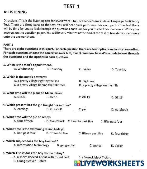 Listening test 1-part 1 | Live Worksheets