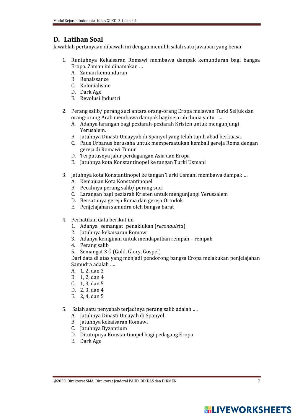 Kelas 11 - A. Sej Indonesia KD 3.1 | Live Worksheets