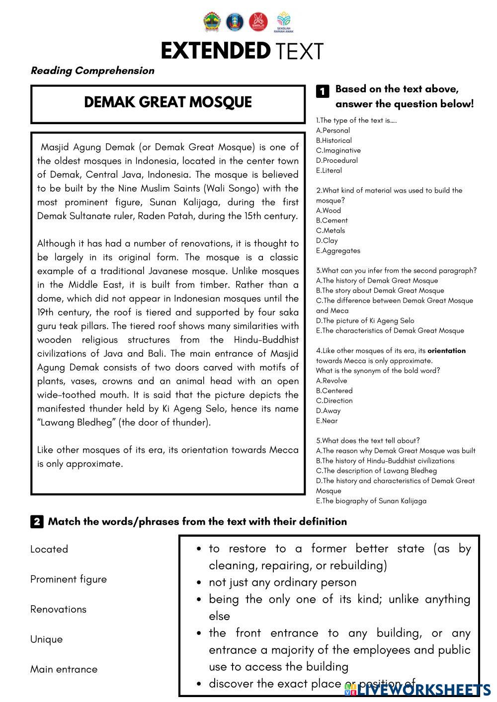 Extended Text (Historical Recount and Descriptive Text) | Live Worksheets