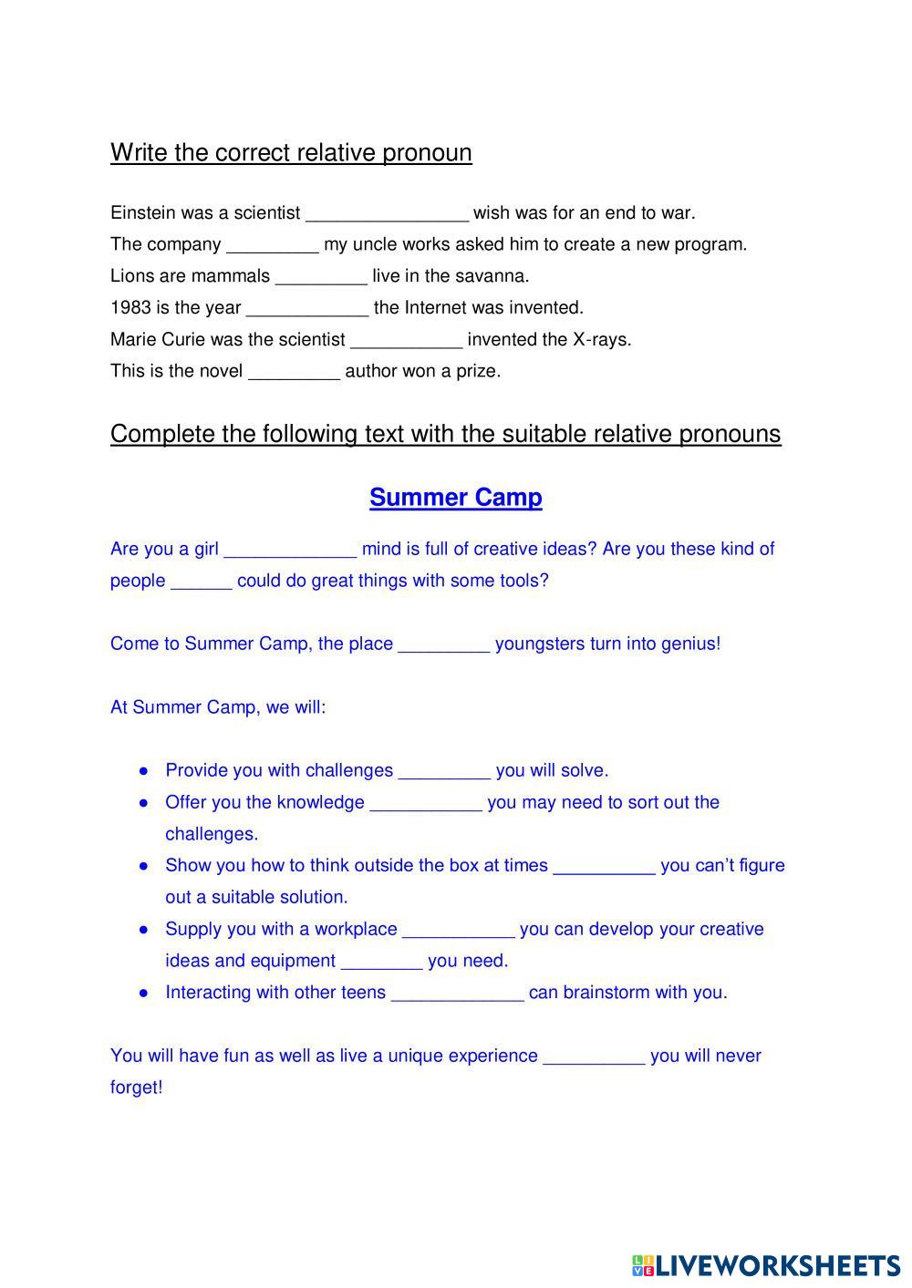 RELATIVE PRONOUN | Free Interactive Worksheets | 7127091