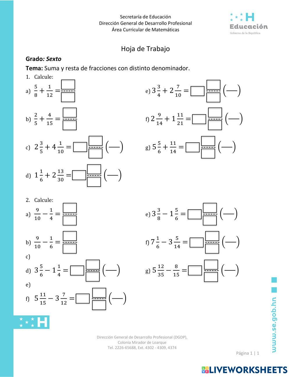 sexto grado adición y sustracción de fracciones | Live Worksheets