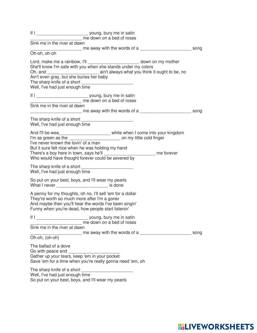IF I DIE YOUNG | Live Worksheets