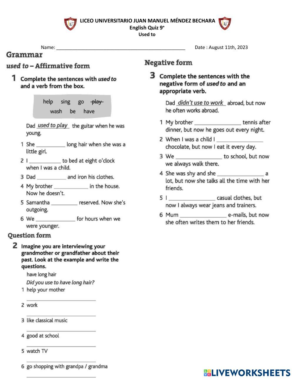 Quiz - Used to | Live Worksheets