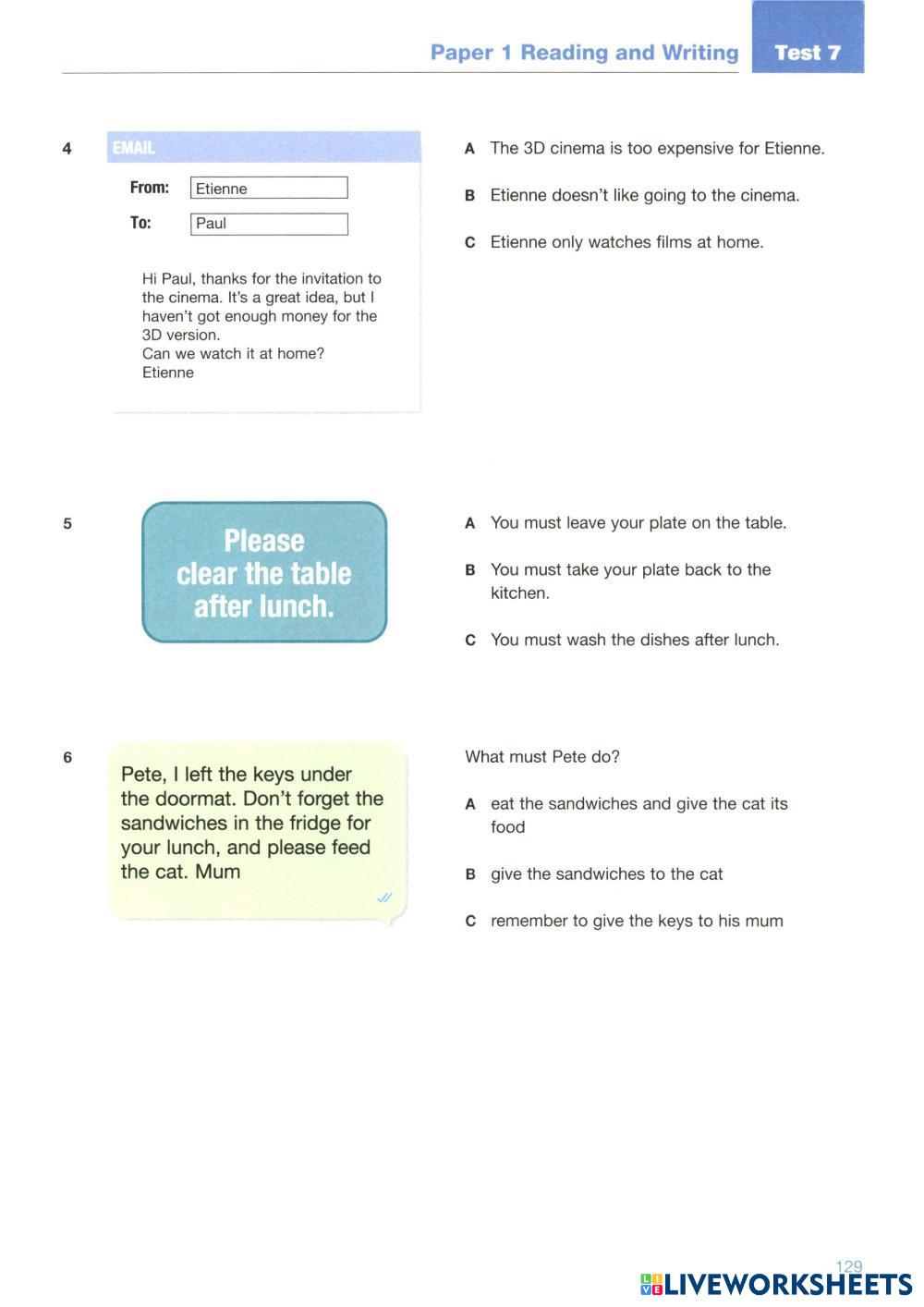 OVERVIEW - READING TEST 7 - READY FOR A2 | Live Worksheets