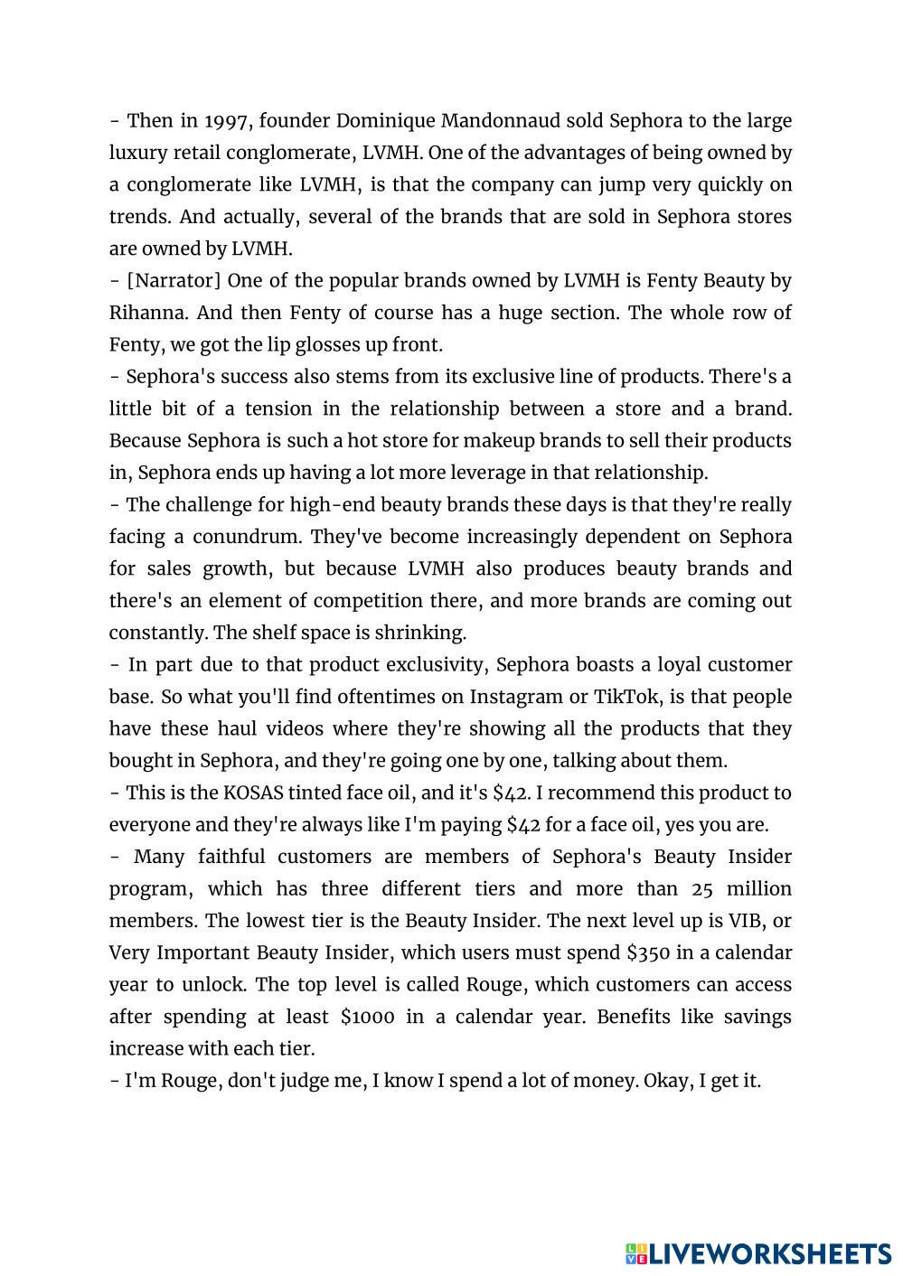 How Sephora Rev… | Free Interactive Worksheets | 7132362