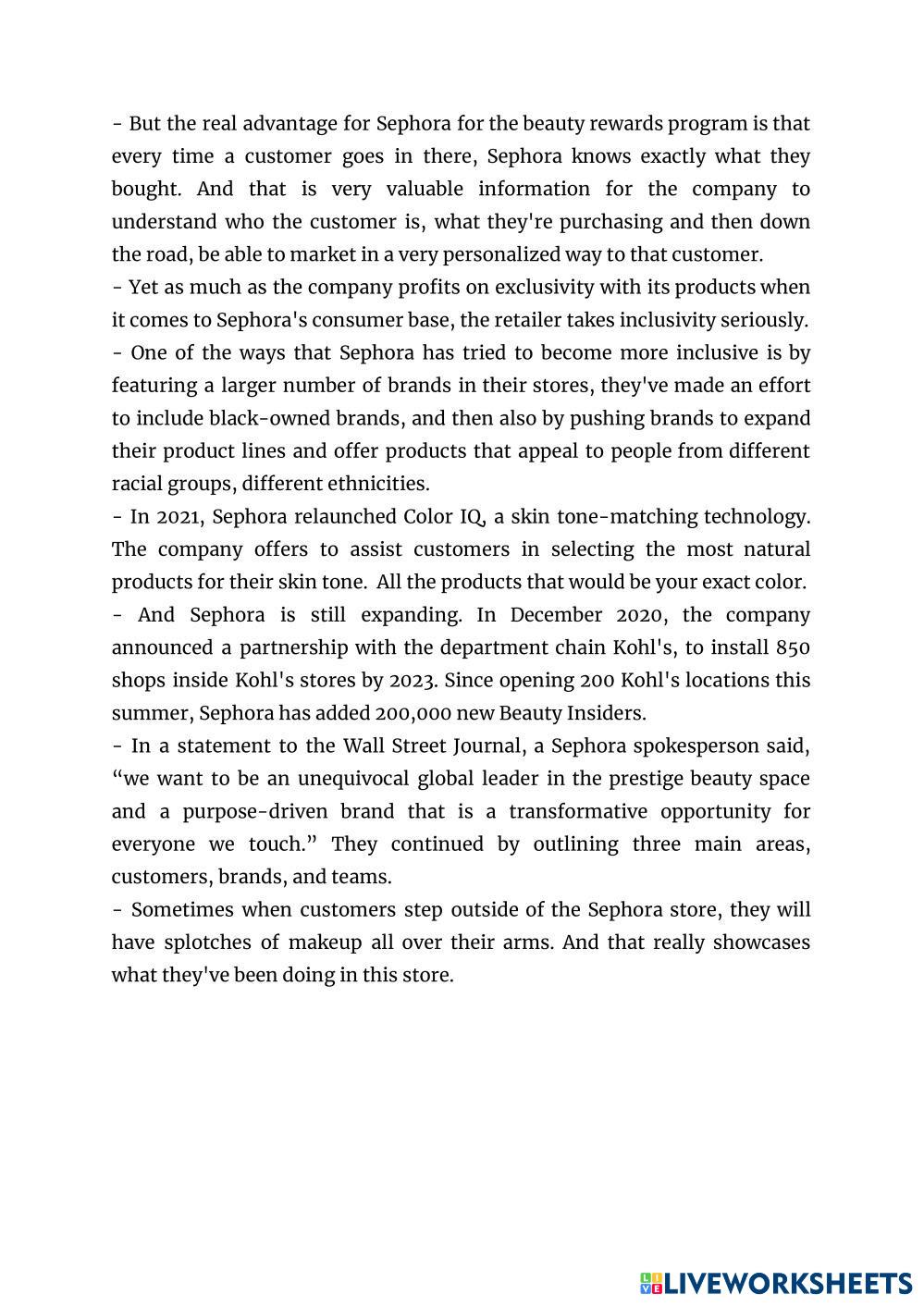 How Sephora Rev… | Free Interactive Worksheets | 7132362