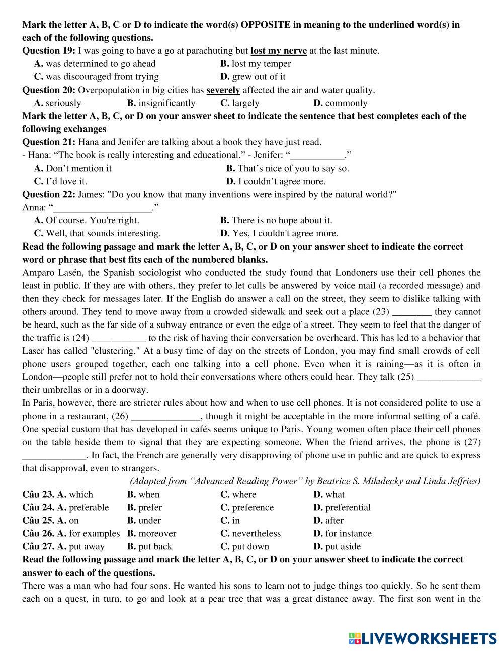 PLACEMENT TEST - GRADE 9 | Live Worksheets
