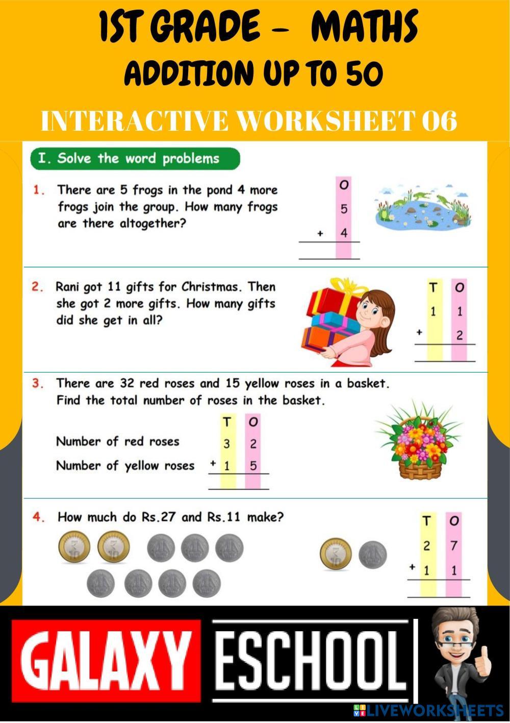 1st-maths-ps06- Addition up to 50-Galaxy | Live Worksheets