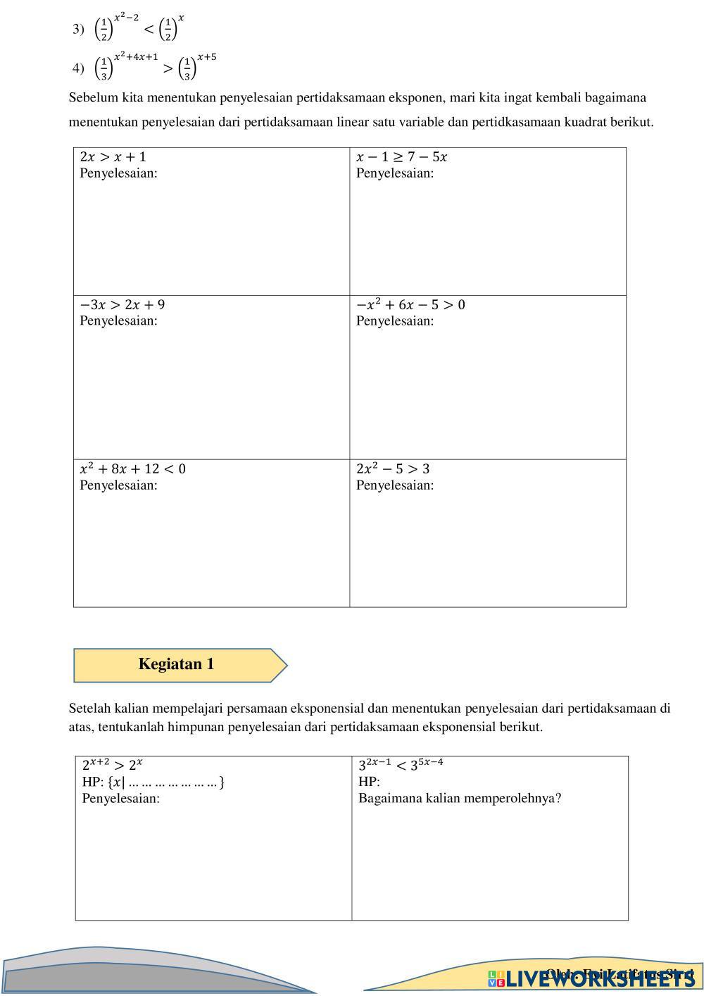 Pertidaksamaan Eksponen | Live Worksheets