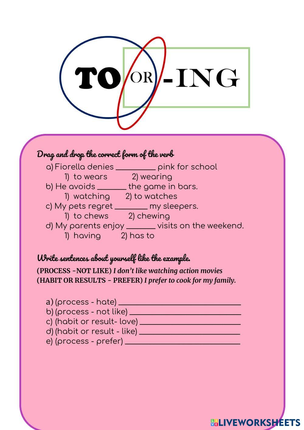 verbs + infinitive or gerund | Live Worksheets