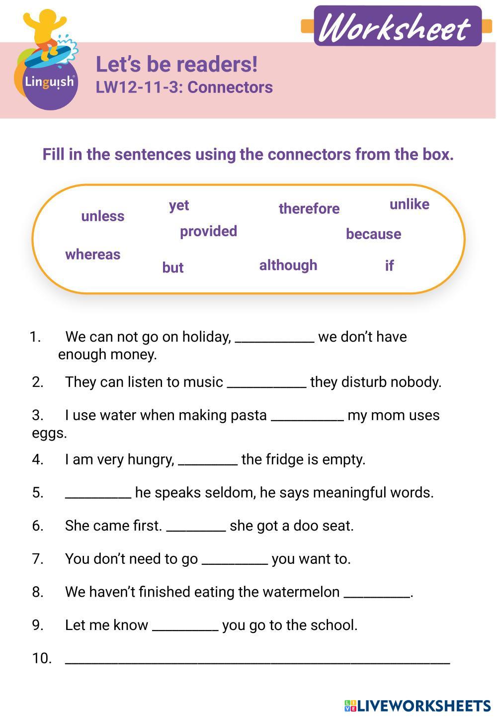 Let's be readers LW12-11-3: Connectors | Live Worksheets