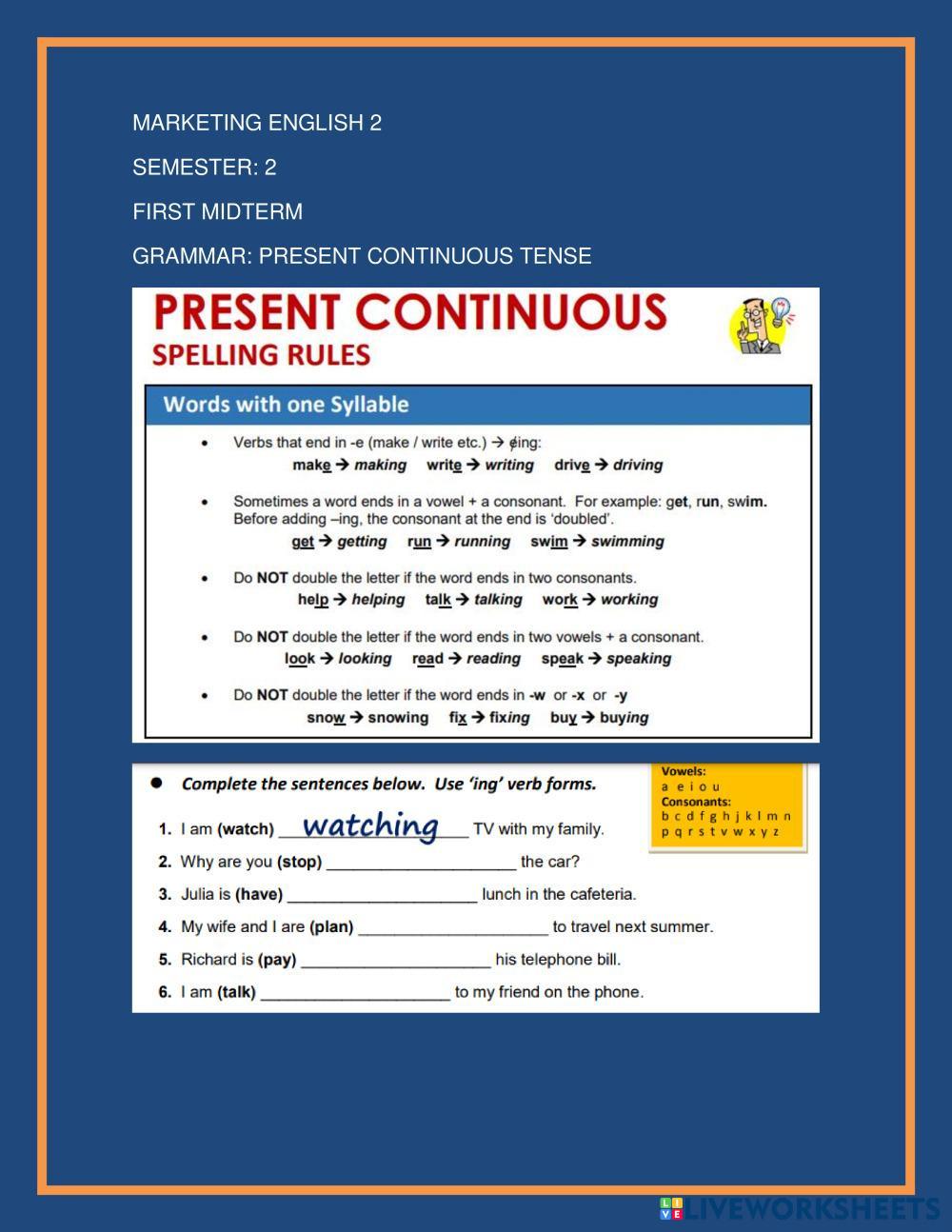 PRESENT CONTINUOUS TENSE | Live Worksheets