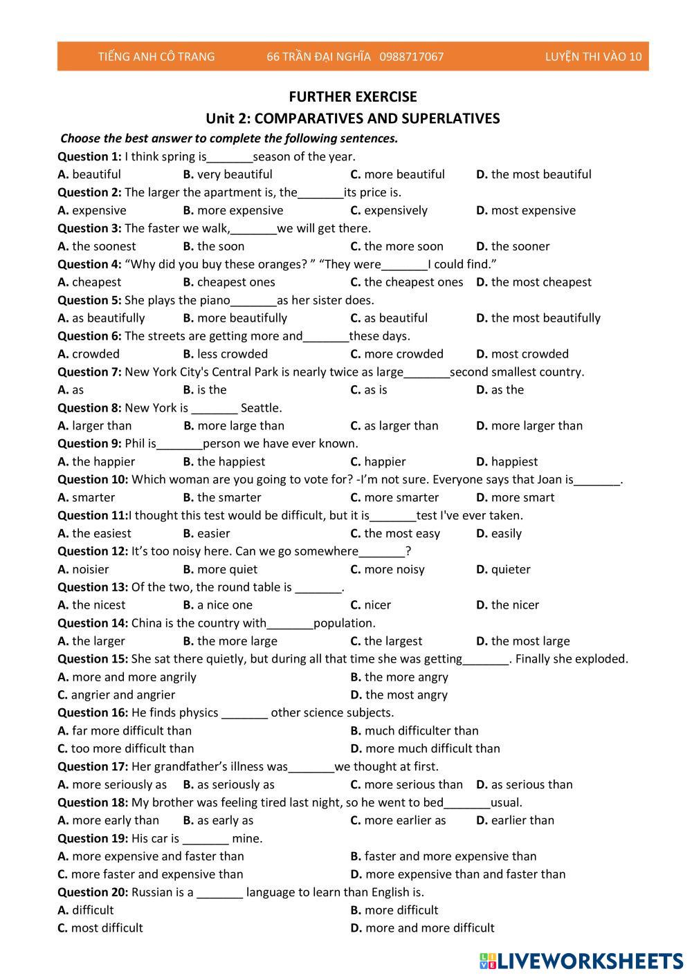 E9- Unit 2- Further practice Comparatives-Superlatives | Live Worksheets