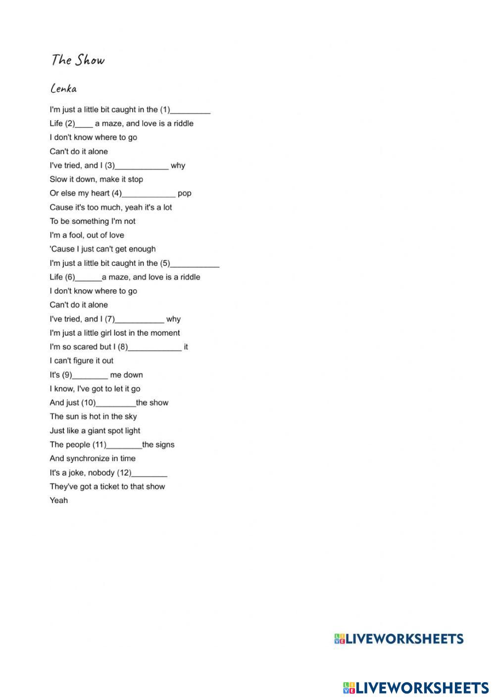 The Show Song | Live Worksheets