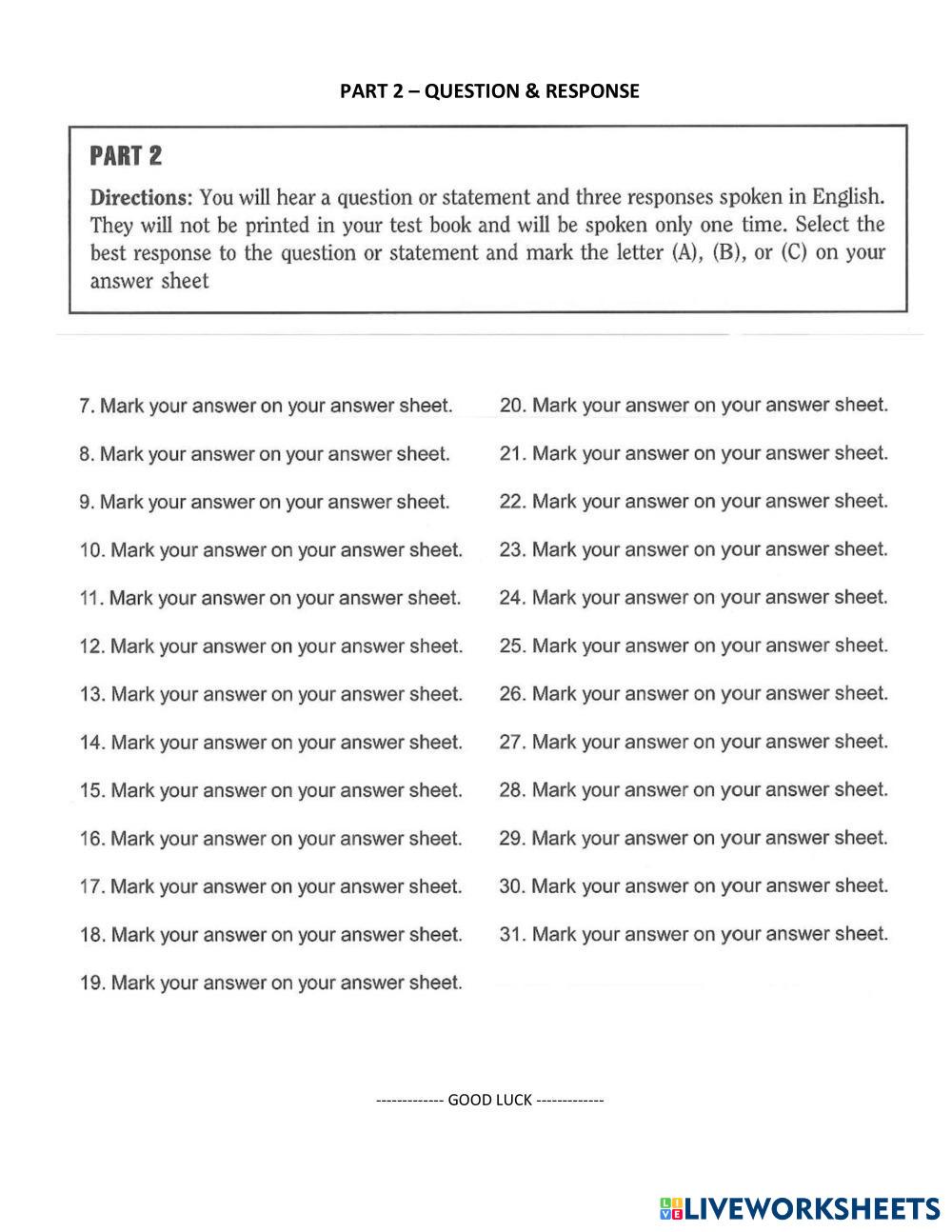 TOEIC PART 2 - QUESTION & RESPONSE | Live Worksheets