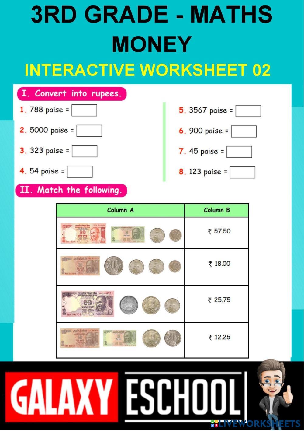 3rd-maths-ps02-Money-Galaxy | Live Worksheets