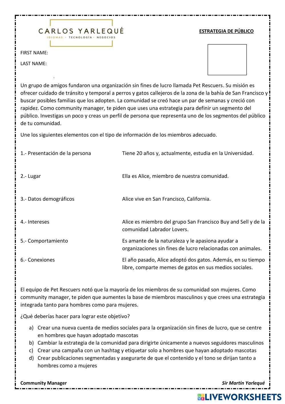 ESTRATEGIA DE PÚBLICO - COMMUNITY MANAGER | Live Worksheets