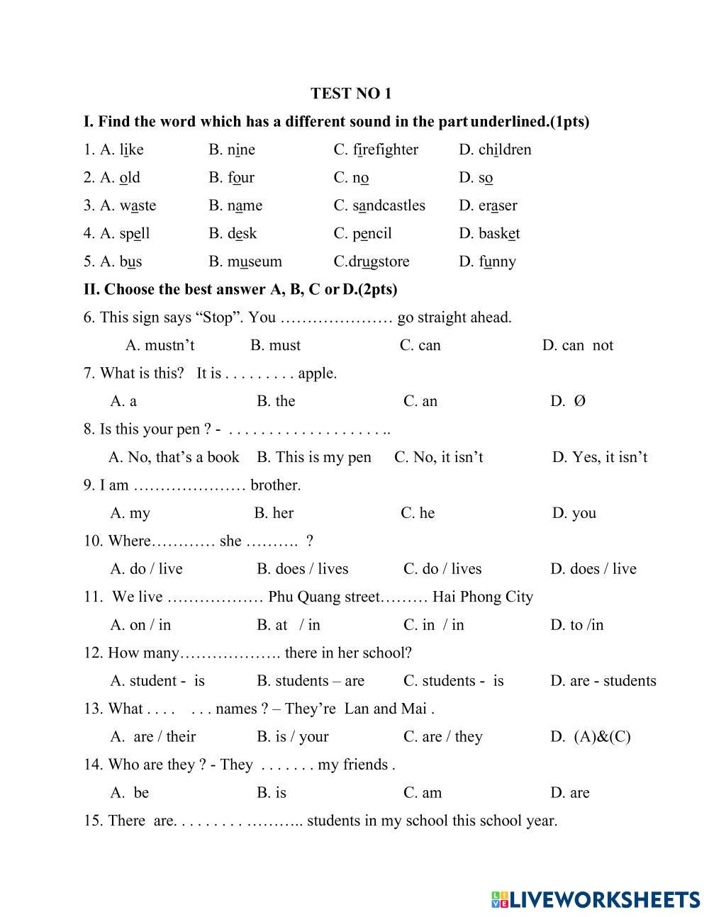 TEST NO1 GRADE 5 | Live Worksheets