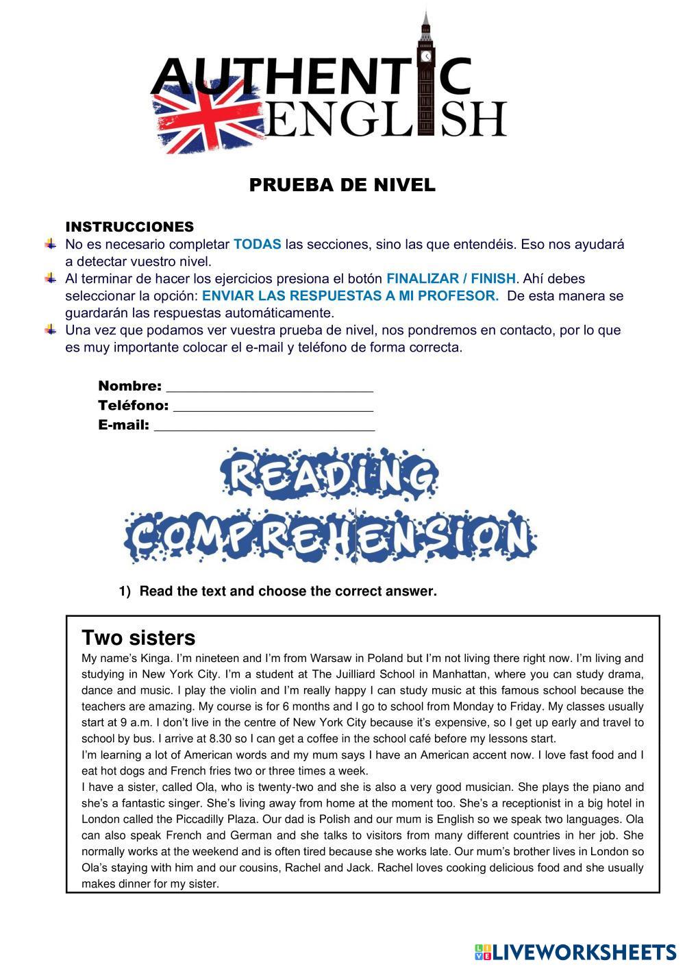 PRUEBA DE NIVEL A1 | Live Worksheets