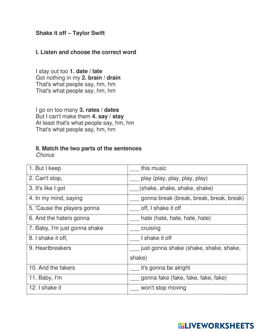 Shake it off | Live Worksheets