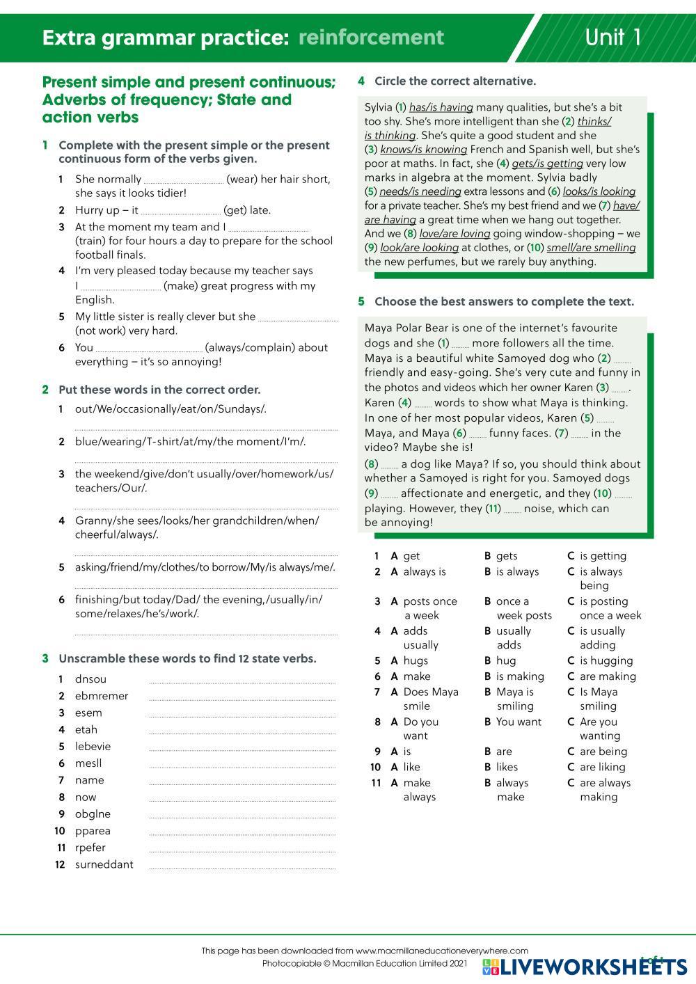 Grade 9 Unit 1 Extra Grammar Practice: Reinforcement | Live Worksheets