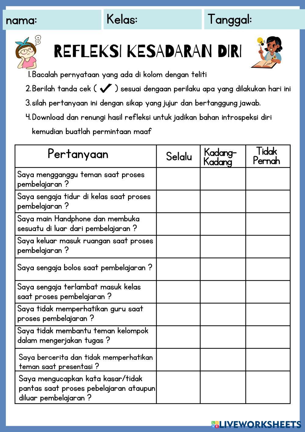 Refleksi Kesadaran Diri | Live Worksheets