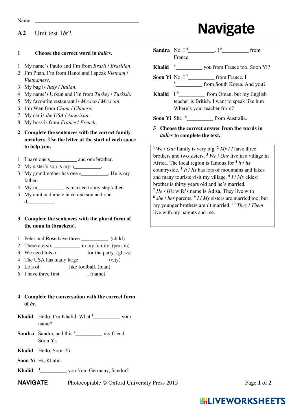 Navigate A2 Te… | Free Interactive Worksheets | 7152006