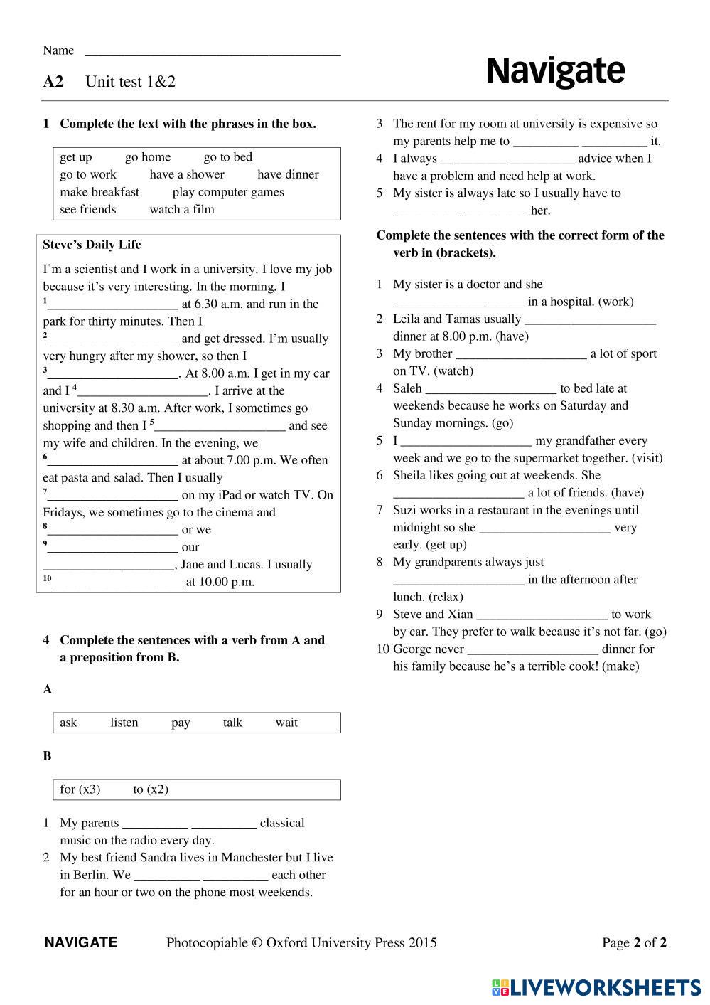 Navigate A2 Te… | Free Interactive Worksheets | 7152006