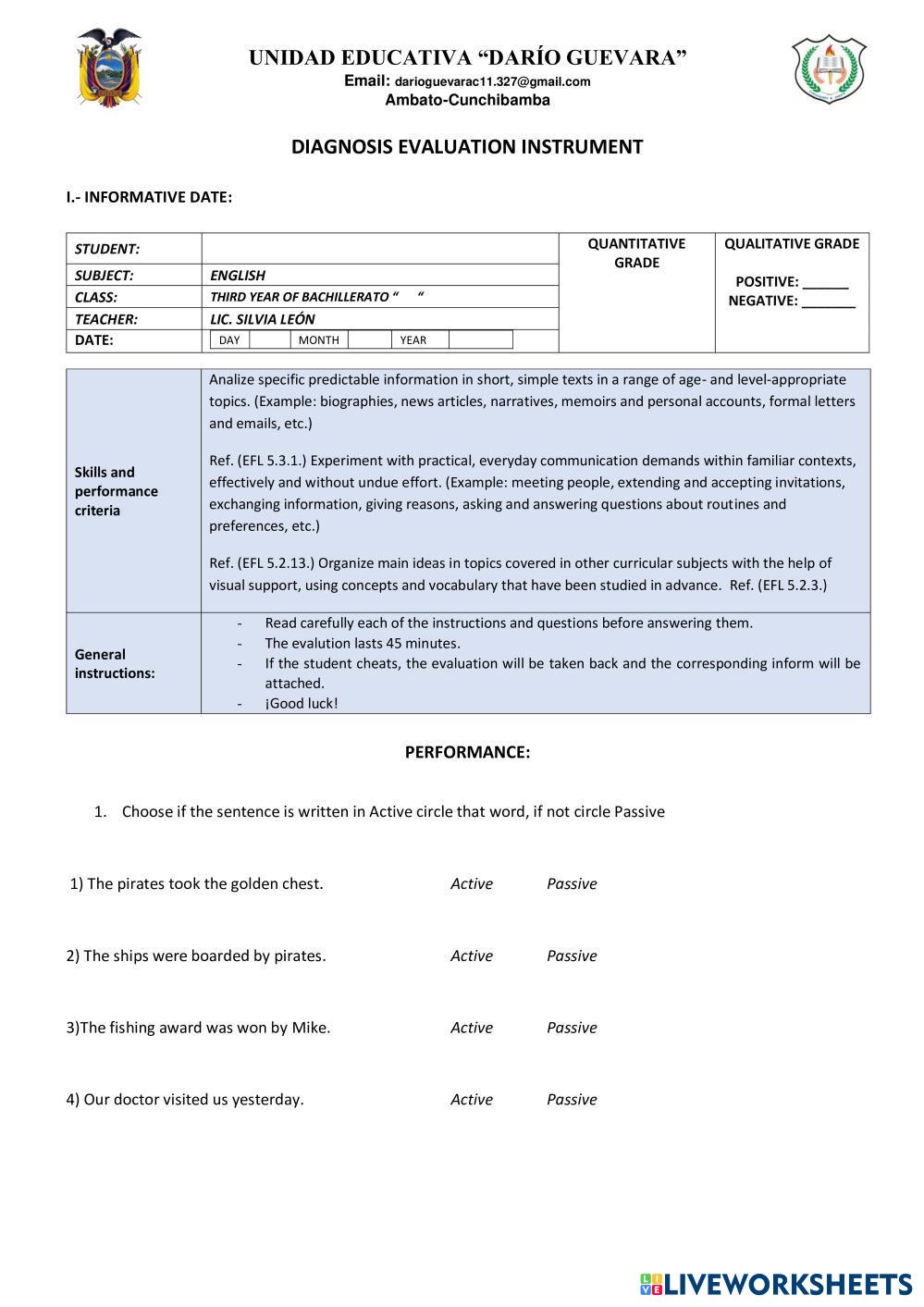 DIAGNOSIS EVALUATION INSTRUMENT | Live Worksheets
