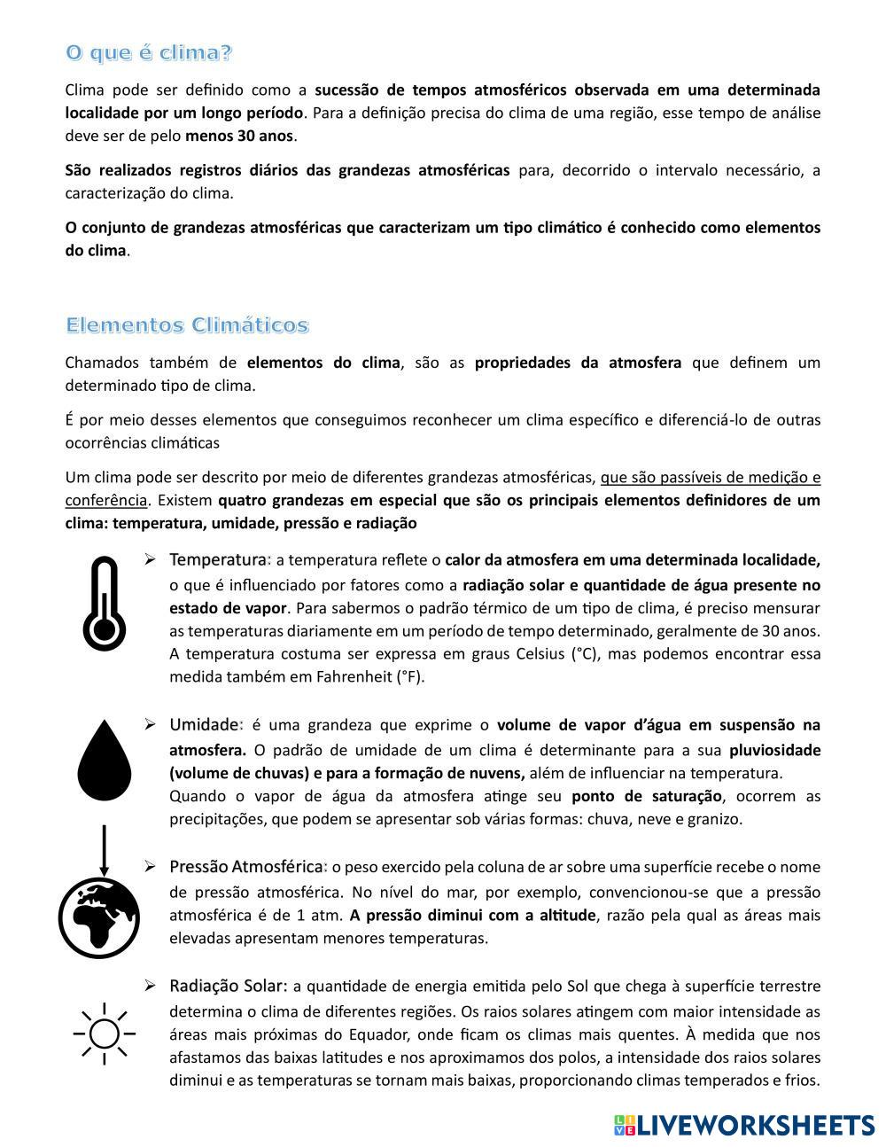 Clima e Elementos Climátcicos | Live Worksheets