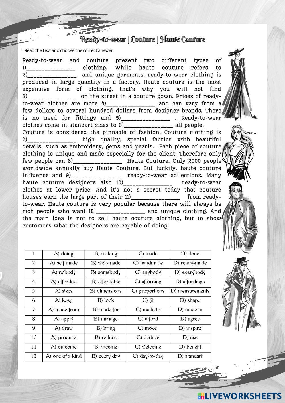 Ready to wear and haute couture clothing | Live Worksheets