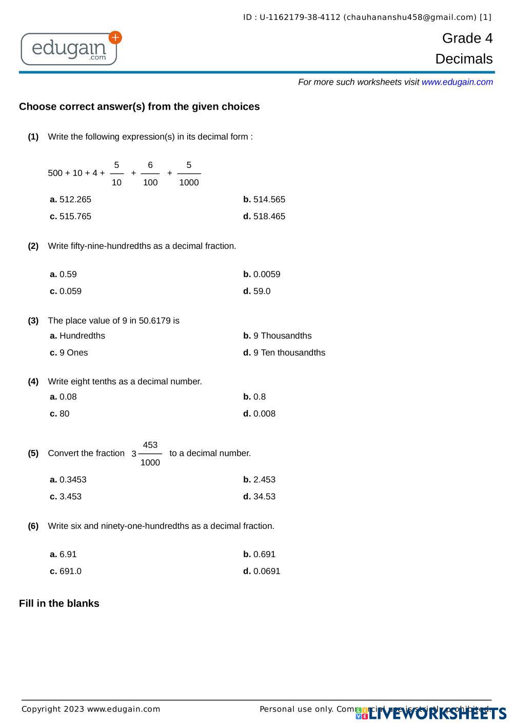 Decimals | Live Worksheets