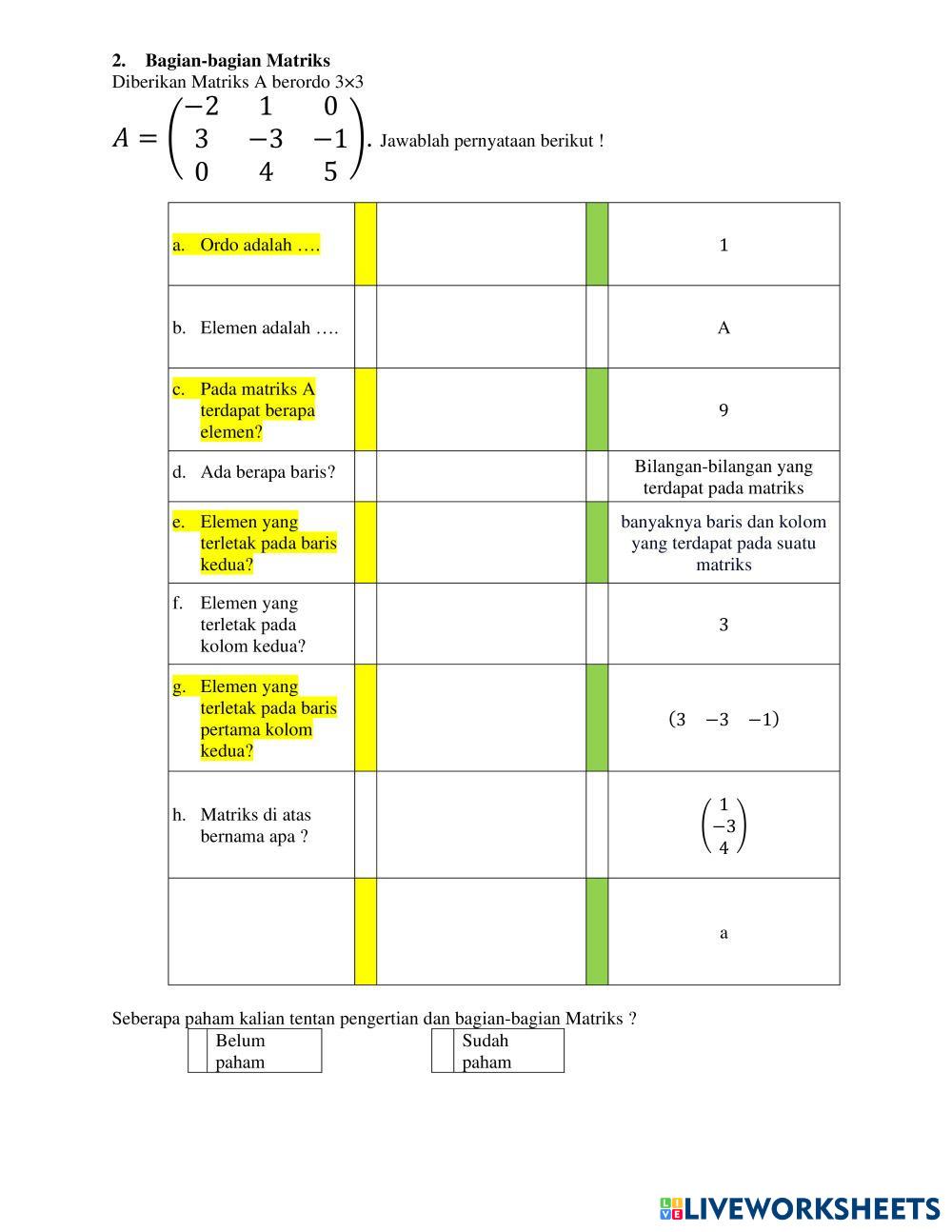 LKPD 1 Pengertian dan bagian-bagian Matriks | Live Worksheets