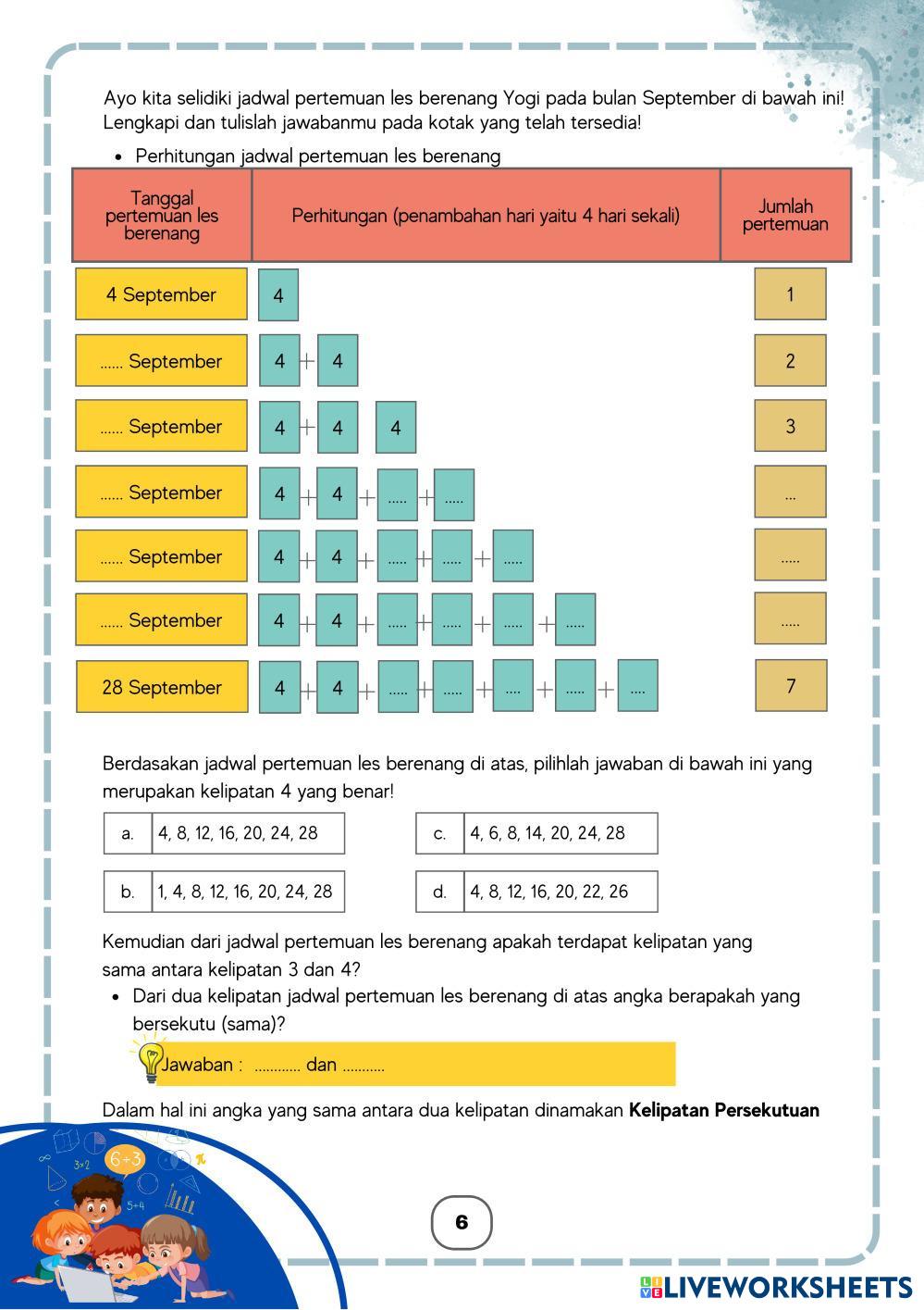 Kelipatan dan Kelipatan Persekutuan | Live Worksheets