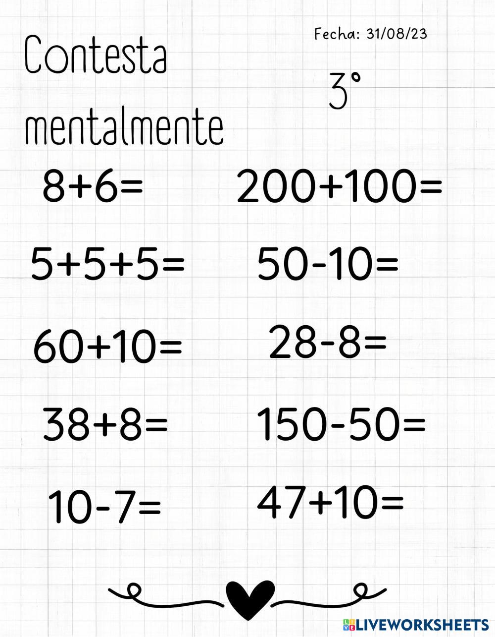 Calculo mental Sisat 3° | Live Worksheets