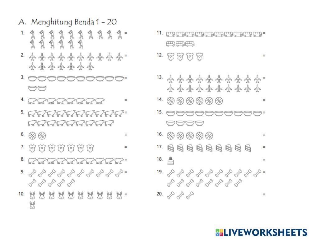 Menghitung Benda 1-20 A | Live Worksheets