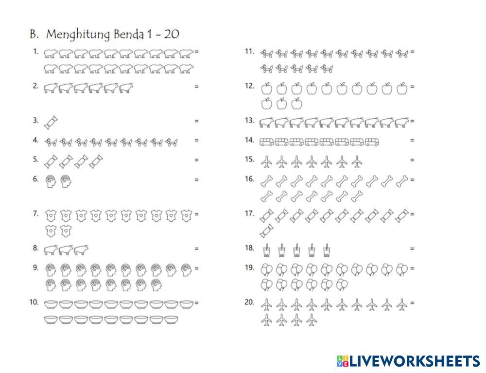 Menghitung Benda 1-20 B | Live Worksheets
