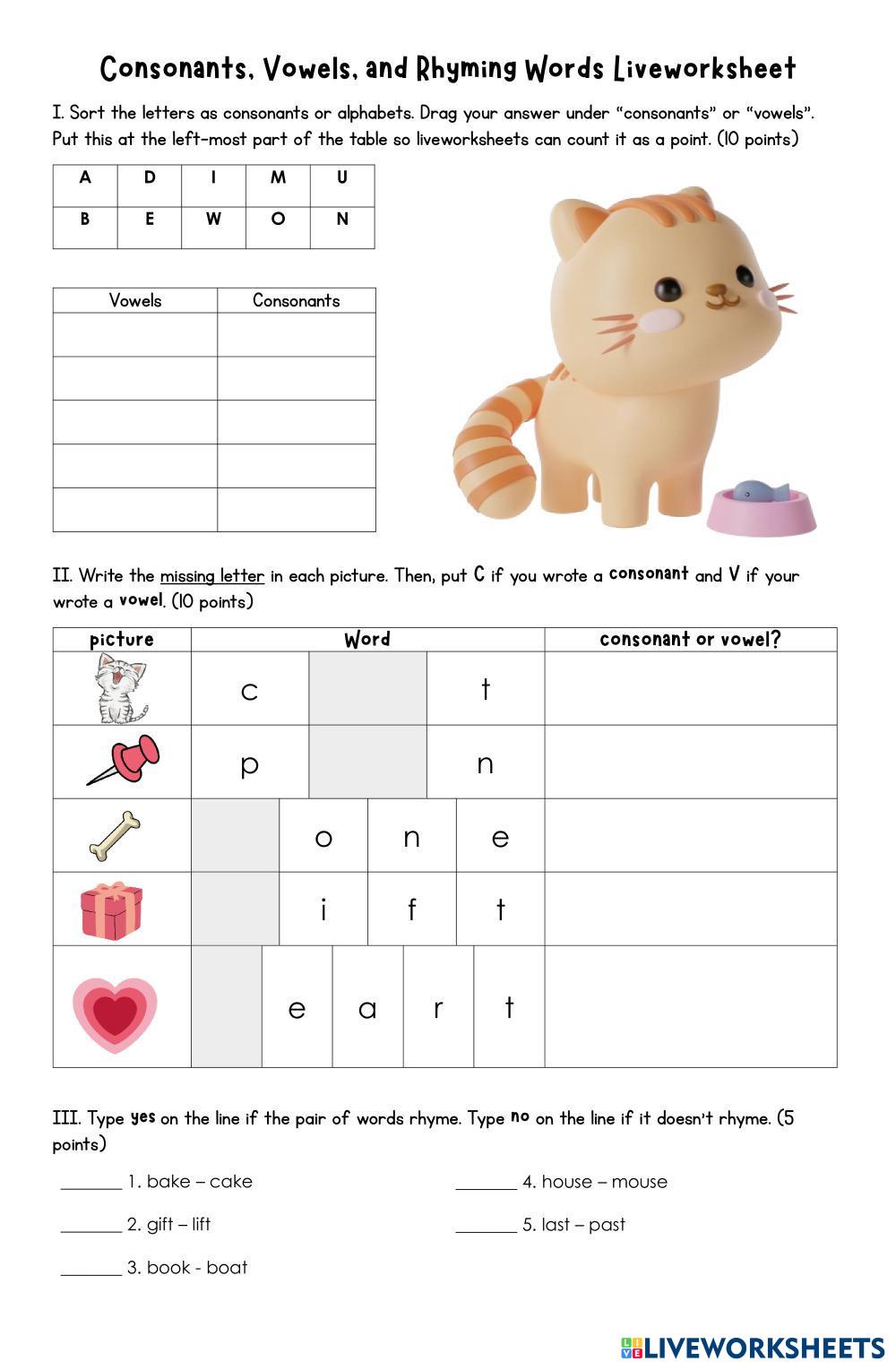 Consonant, Vowel, and Rhyming Words | Live Worksheets