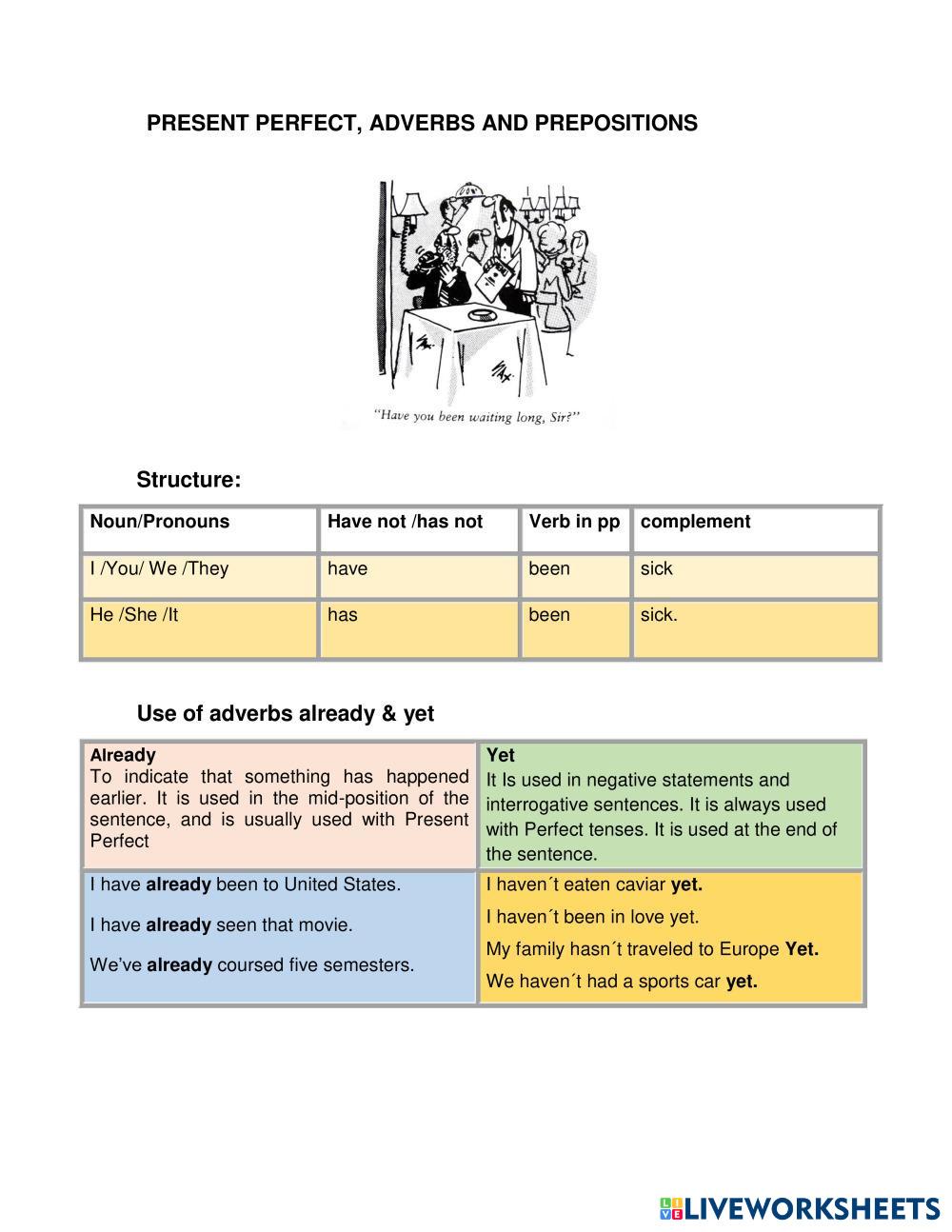 Present perfect, adverbs and prepositions. | Live Worksheets