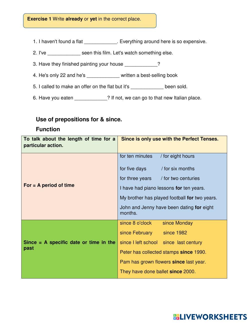Present perfect, adverbs and prepositions. | Live Worksheets