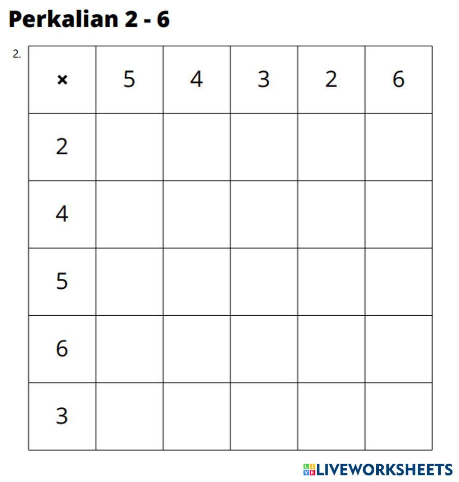 Perkalian 2 - 6 | Live Worksheets