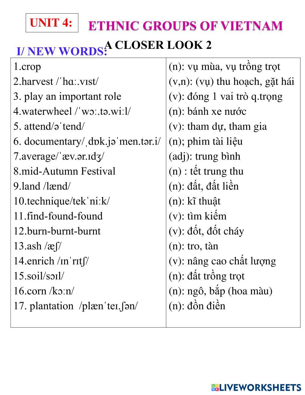 ENGLISH 8- UNIT4- A CLOSER LOOK 2 | Huỳnh Thị Lan