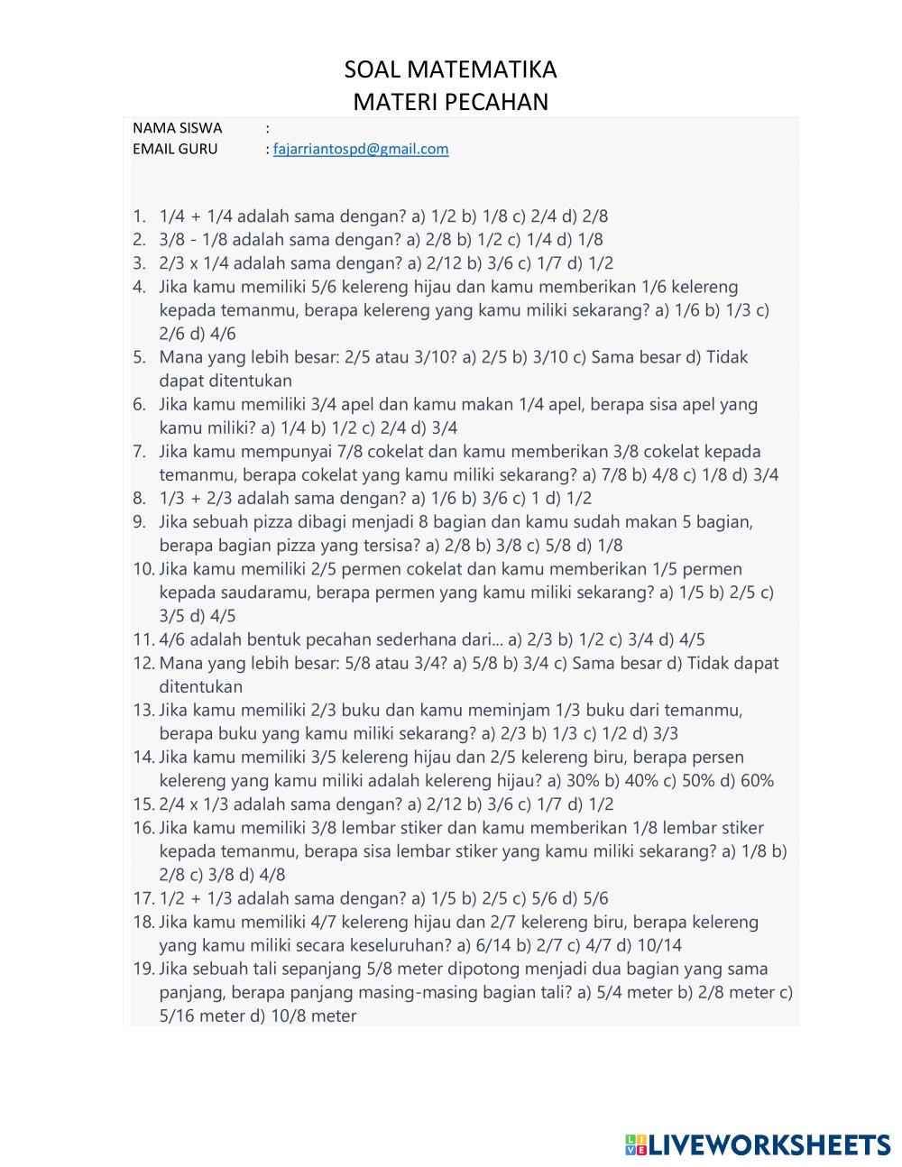 MTK PECAHAN | Live Worksheets