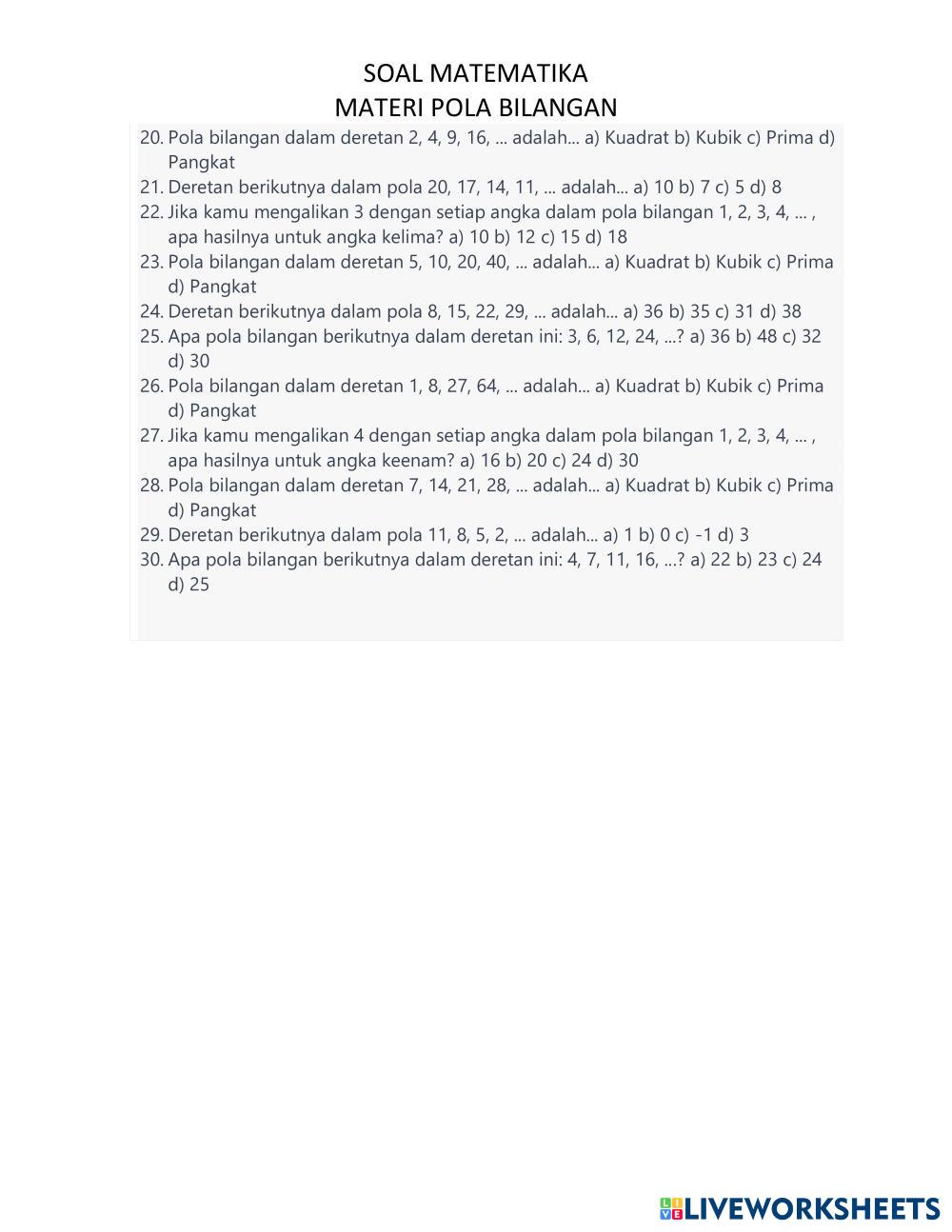 MTK POLA BILANGAN | Live Worksheets