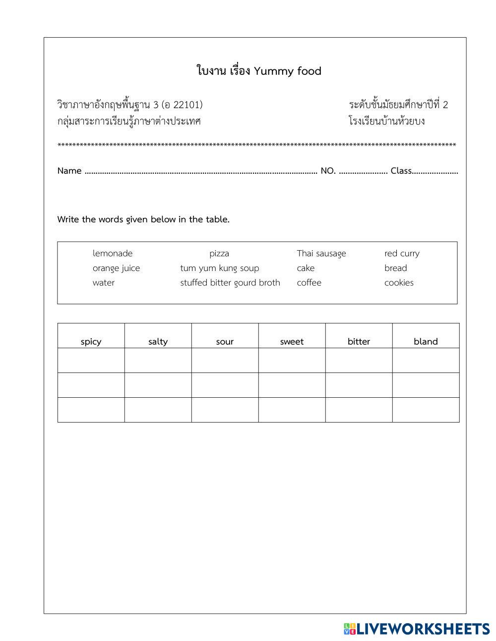 Yummy food | Live Worksheets